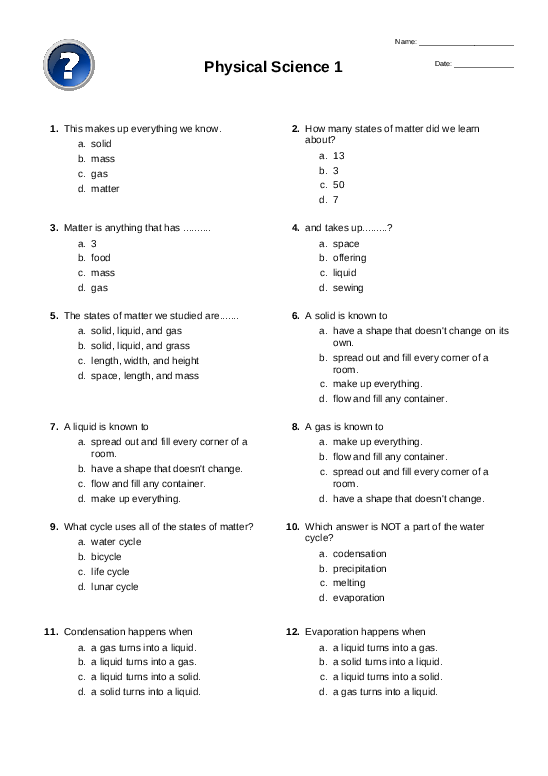 Physical Science 1 - Multiple Choice Worksheet - Quickworksheets ...