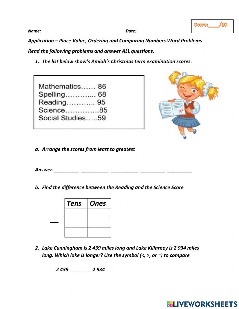 Application Place Value Comparing Ordering Numbers Worksheet