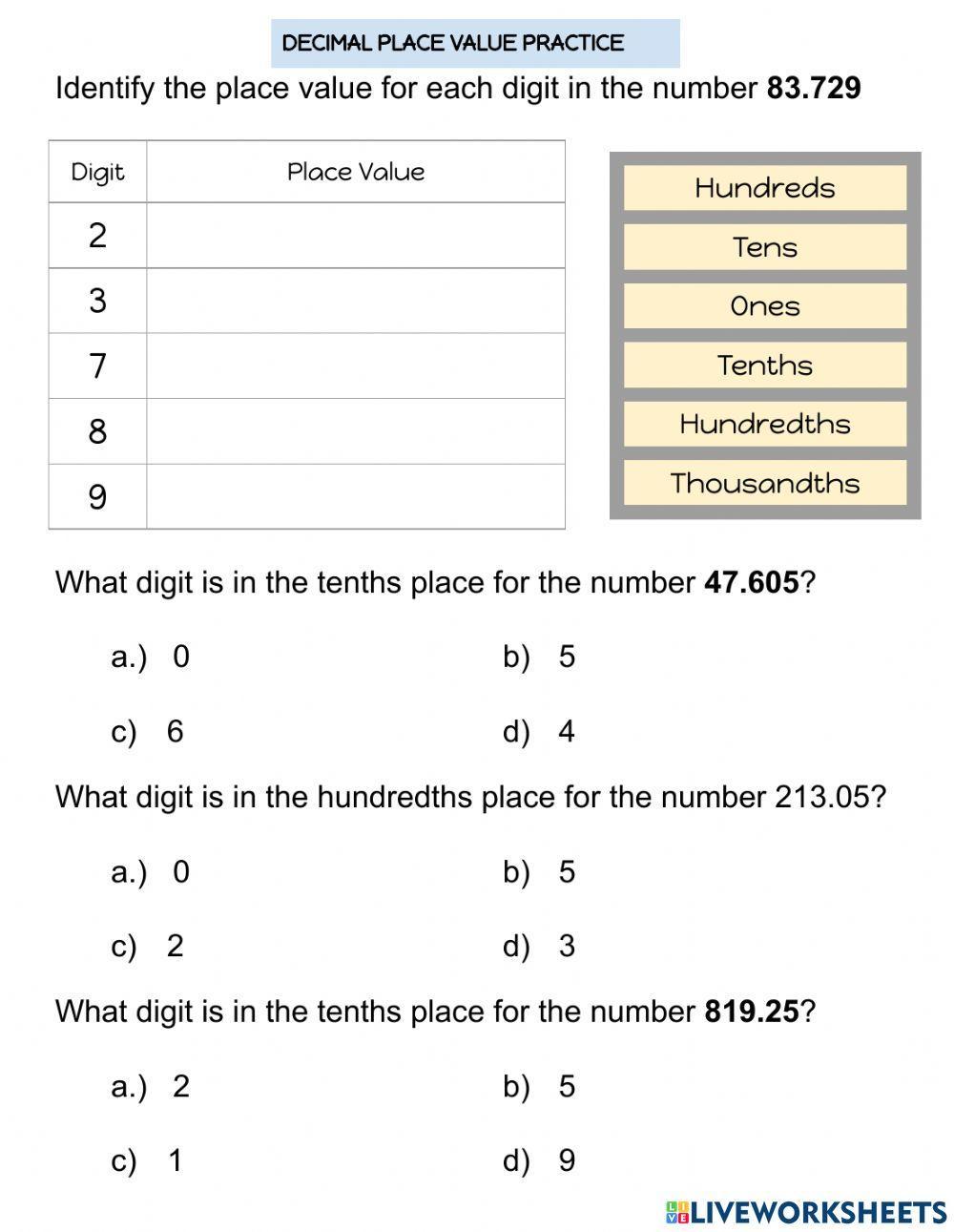 Decimal Place Value interactive activity | Live Worksheets - Worksheets ...