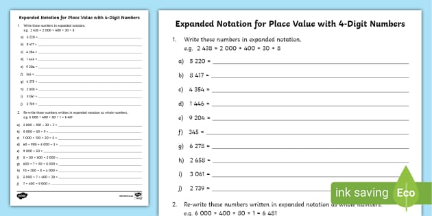 Expanded Notation For Place Value With 4 Digit Numbers Worksheets Library