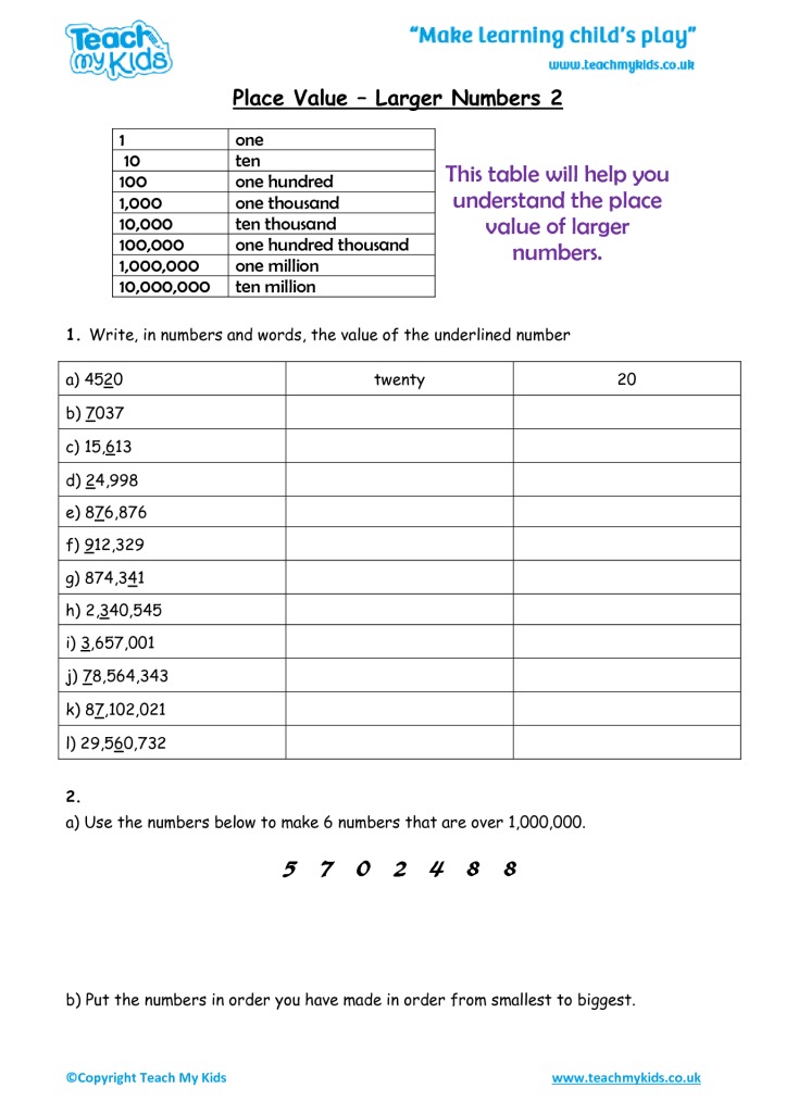 Place Value – Larger Numbers 2 - Worksheets Library