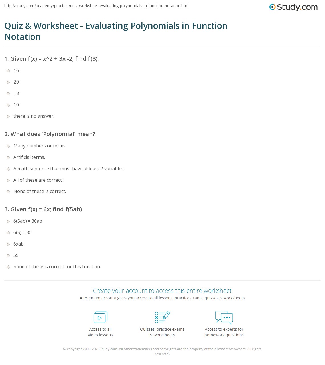 Quiz And Worksheet Evaluating Polynomials In Function Notation