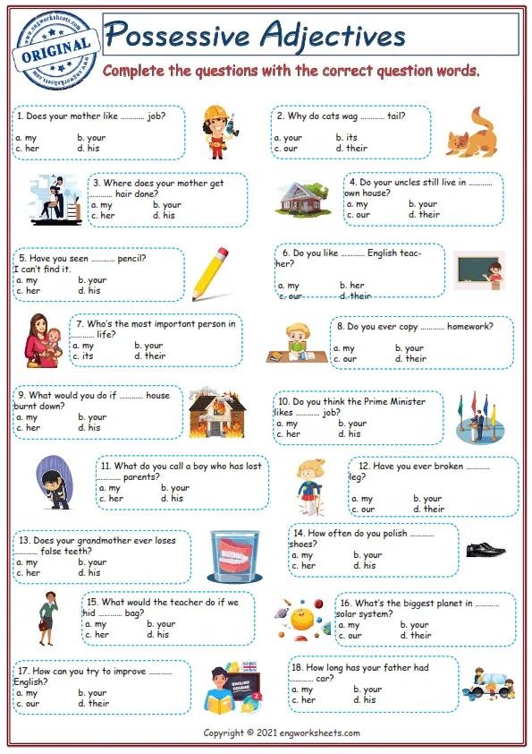Possessive Adjectives Exercises, Free Printable Possessive ...