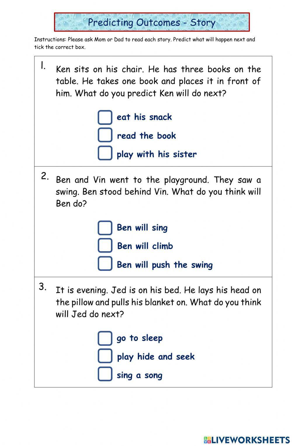 Predicting Outcomes-Story | Live Worksheets - Worksheets Library