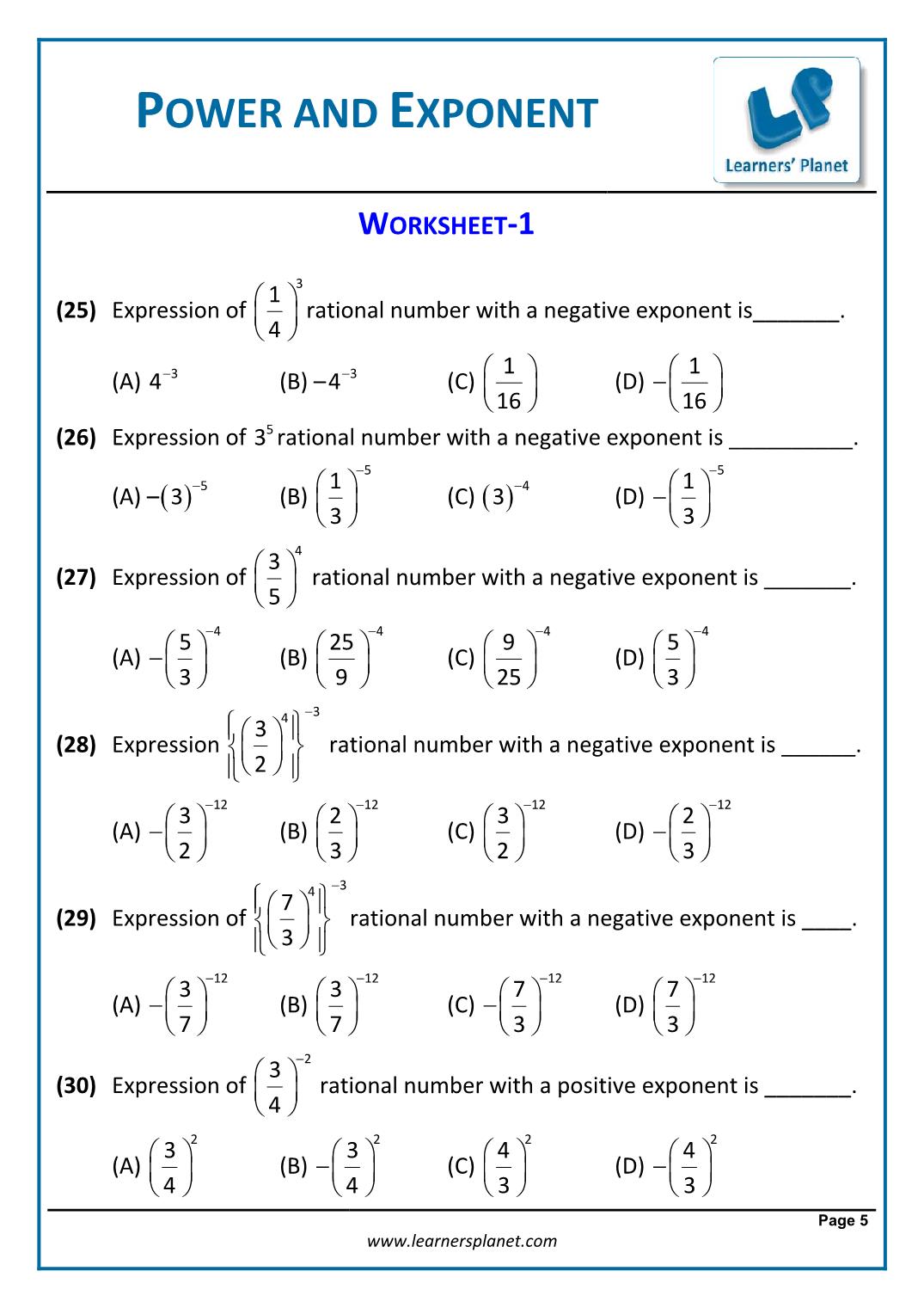 Exponent Rules - Math Worksheets - Worksheets Library