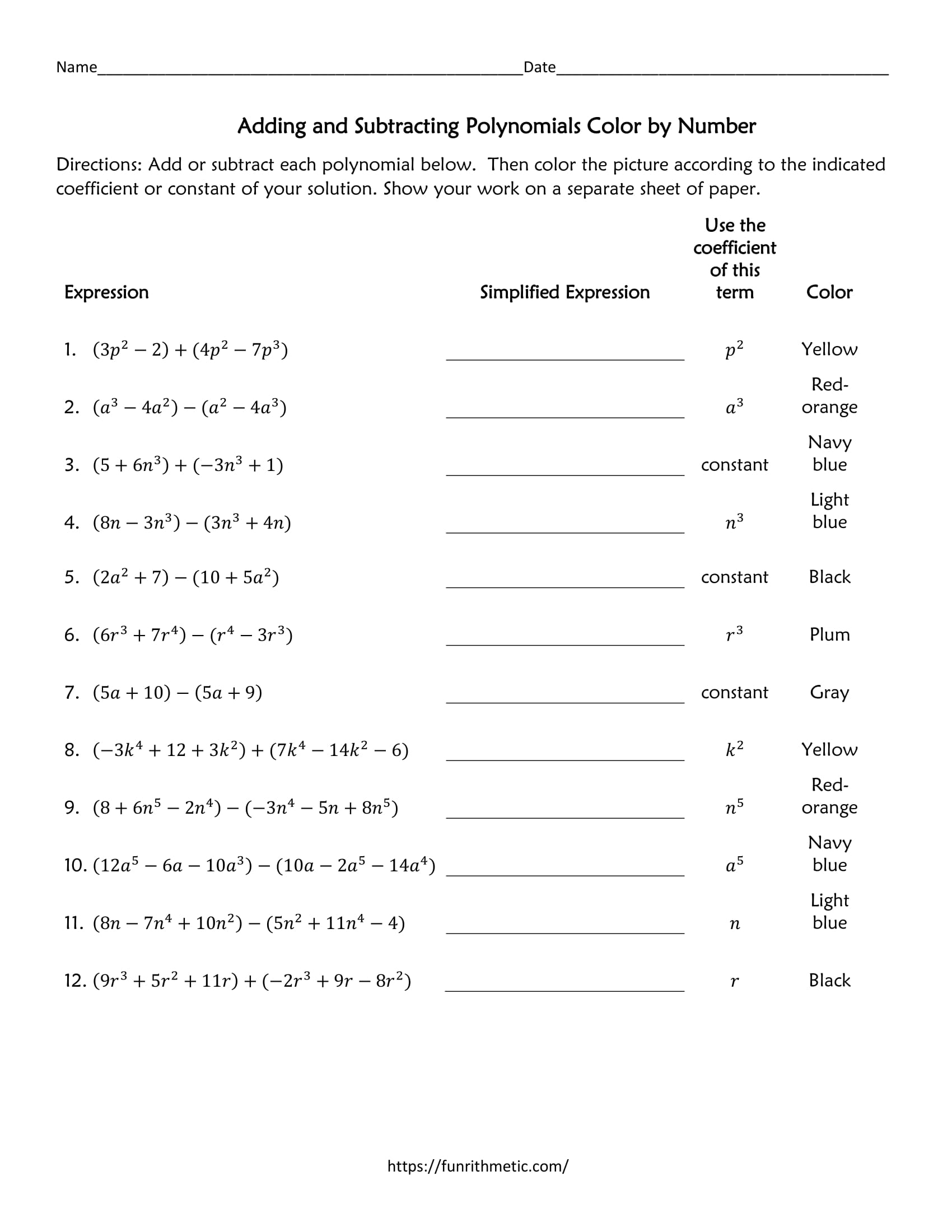 Adding And Subtracting Polynomials Color By Number Worksheets Library