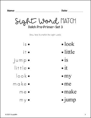 Pre-Primer Dolch Sight Words Worksheets - Sight Word Matching, Pre ...