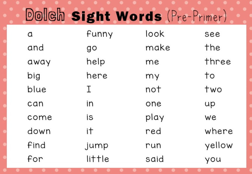 Dolch Sight Words Activities Pre-Primer / Pre-K Level - Worksheets Library