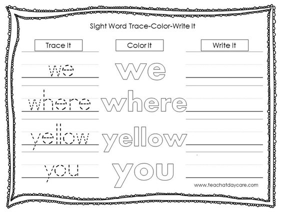 10 Printable Dolch Pre-primer Sight Words Trace It, Color It ...