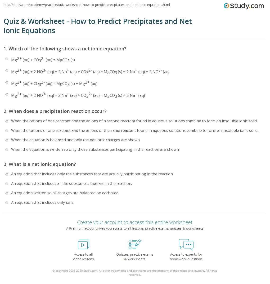 Quiz And Worksheet How To Predict Precipitates And Net Ionic