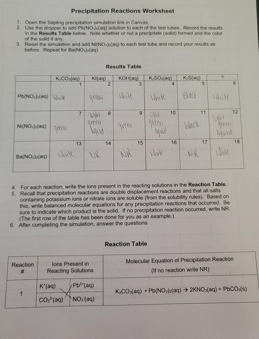 Solved Precipitation Reactions Worksheet 1 Open The Sapling