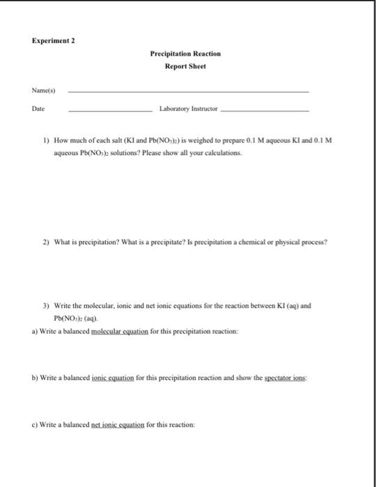 Solved Experiment 2 Precipitation Reaction Report Sheet