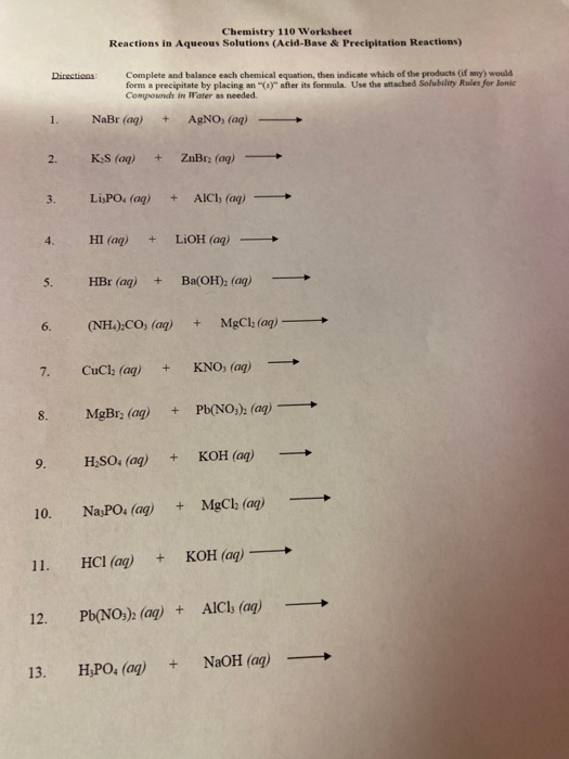 Solved Chemistry 110 Worksheet Reactions In Aqueous