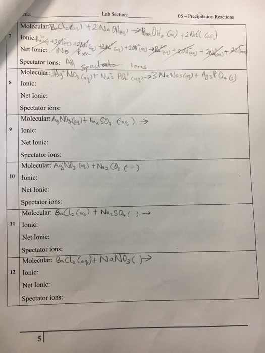 Solved Lab Section 05 Precipitation Reactions Ionicr Net