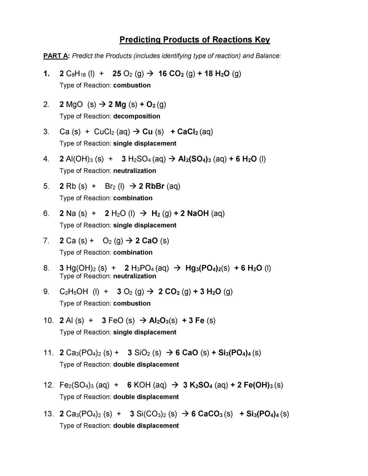 141 Predicting Products Of Reactions Key Predicting Products Of