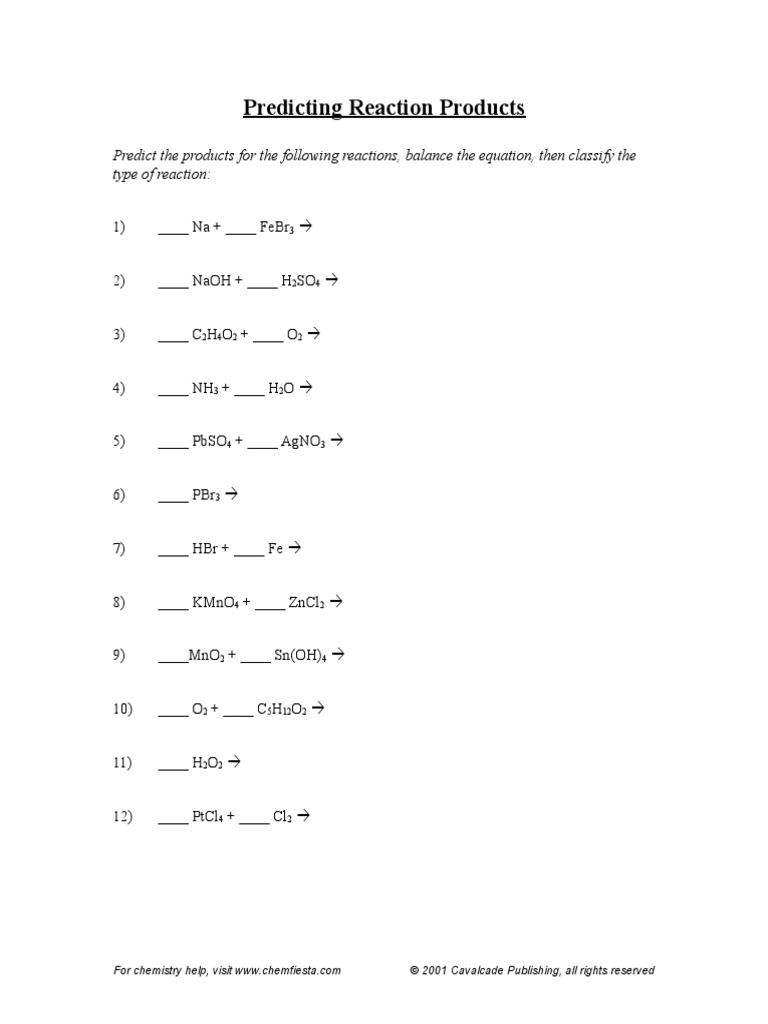 Predicting The Products Of A Reaction Worksheetdoc Predicting
