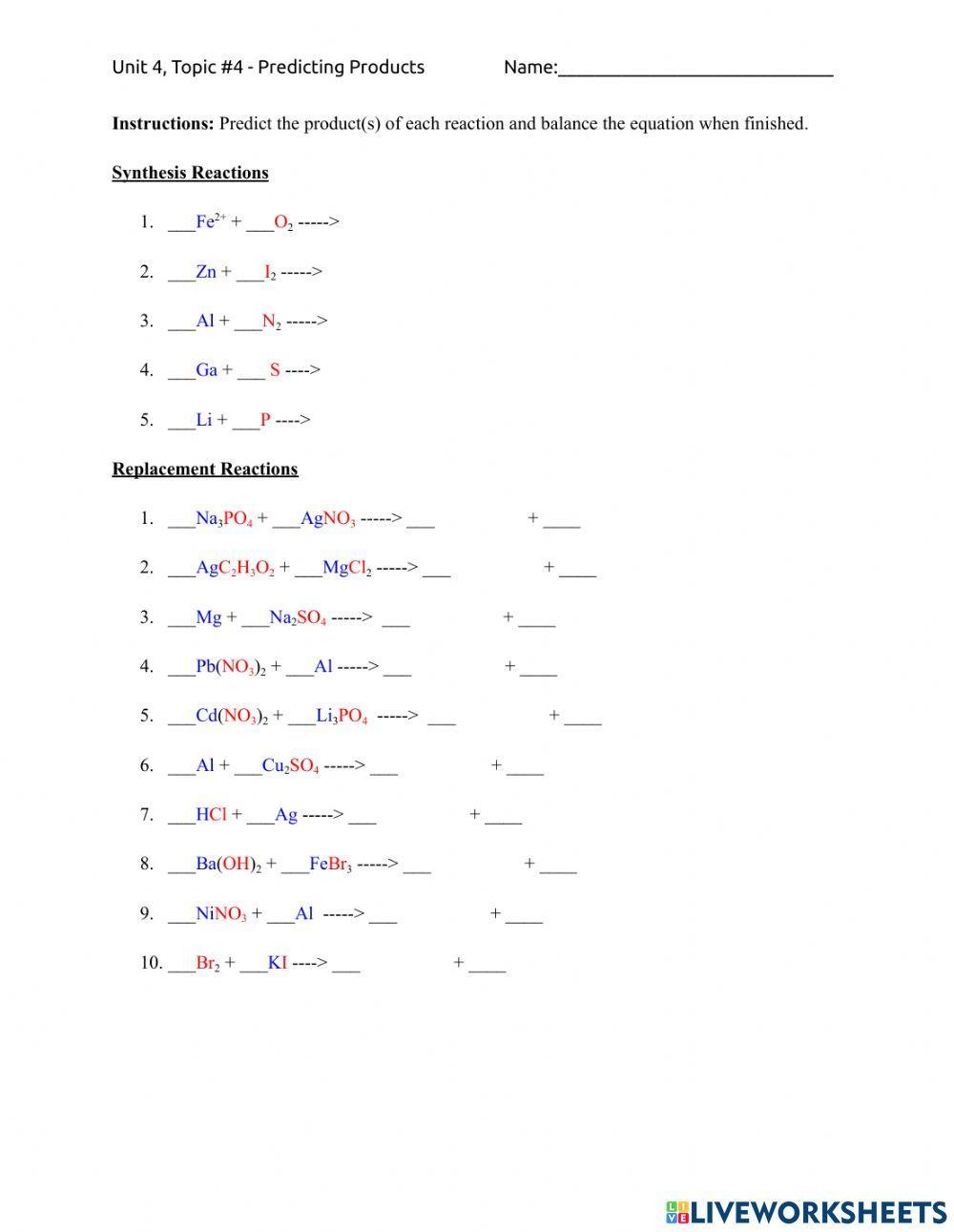 Predicting Products Of Synthesis And Replacement Reactions Worksheets Library