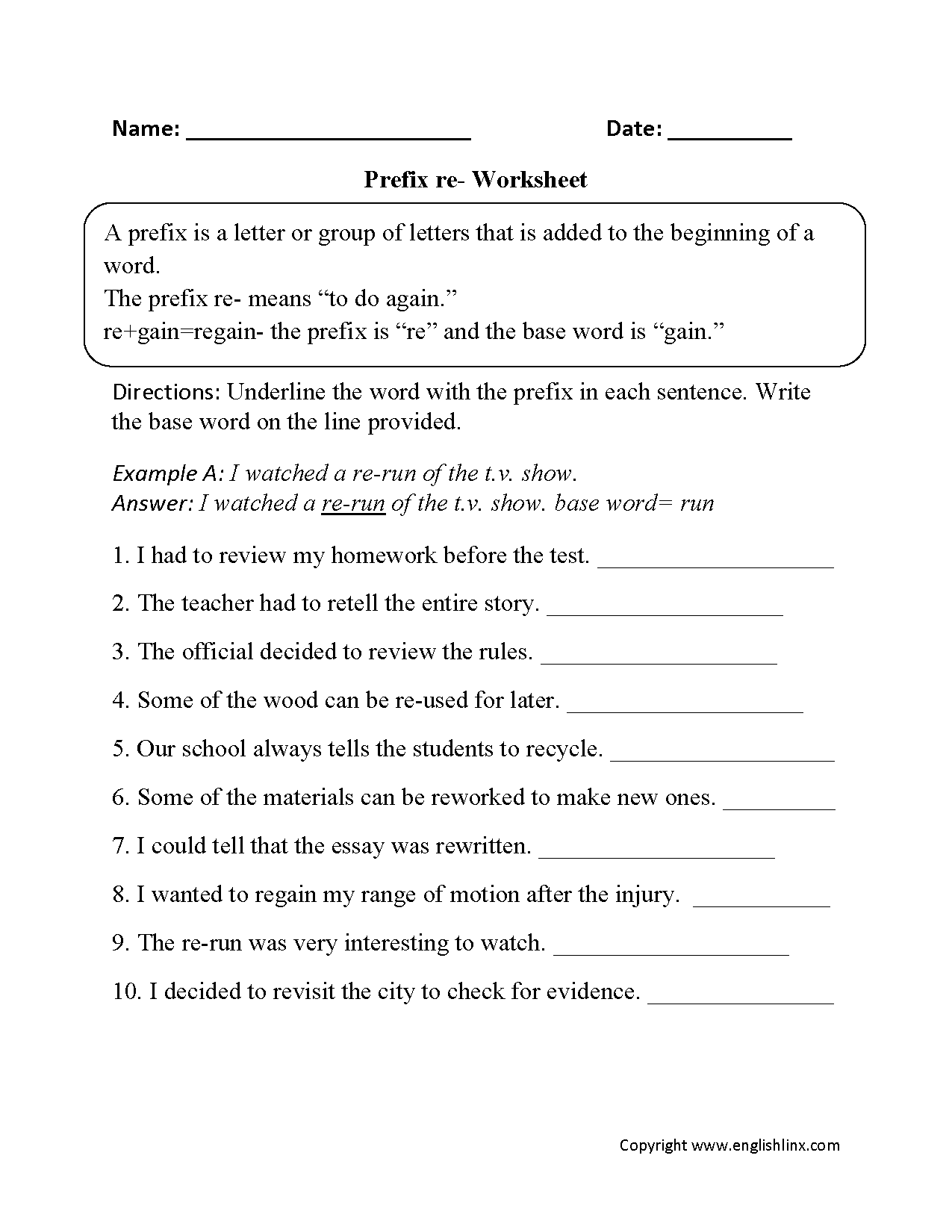 Prefixes Worksheets | Prefix re- Worksheet - Worksheets Library