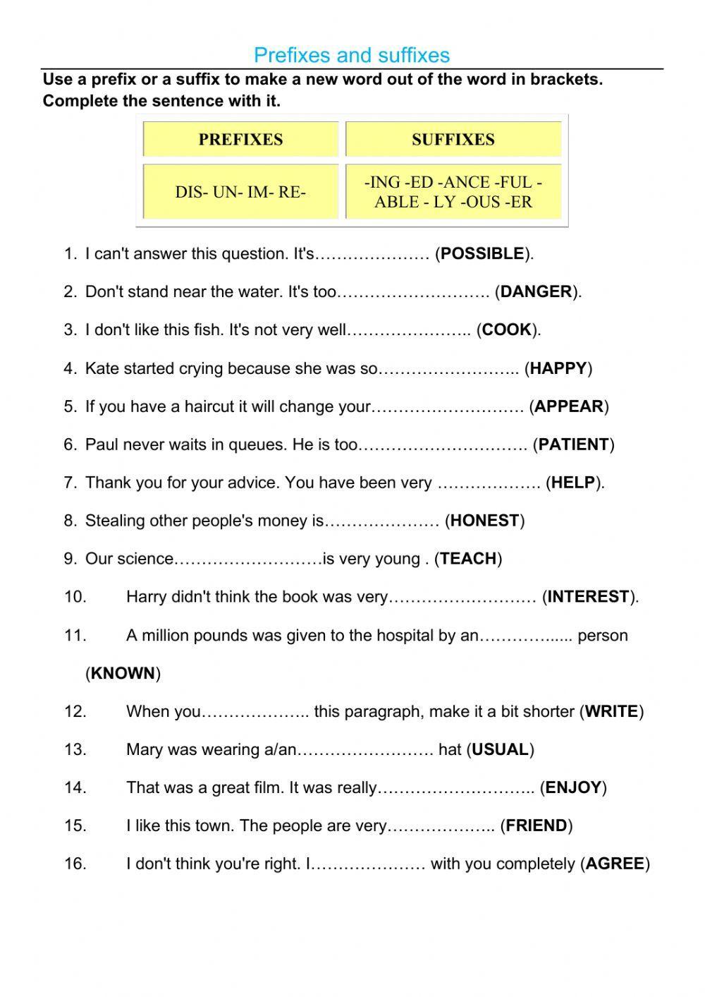 Prefixes and suffixes | Live Worksheets - Worksheets Library