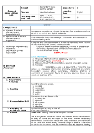 ENG6 Secondary Source - lesson plan - Grades 6 DAILY LESSON LOG ...