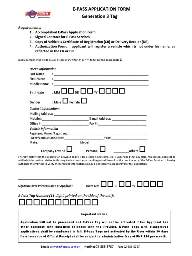 Application Form For Epass Services | PDF | Toll Road | Common Law - Worksheets Library