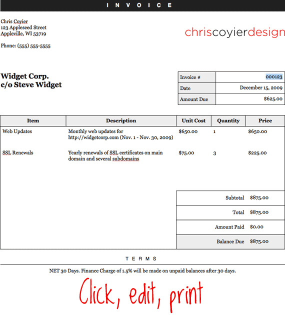 Make An Editable/Printable HTML Invoice | CSS-Tricks - Worksheets Library