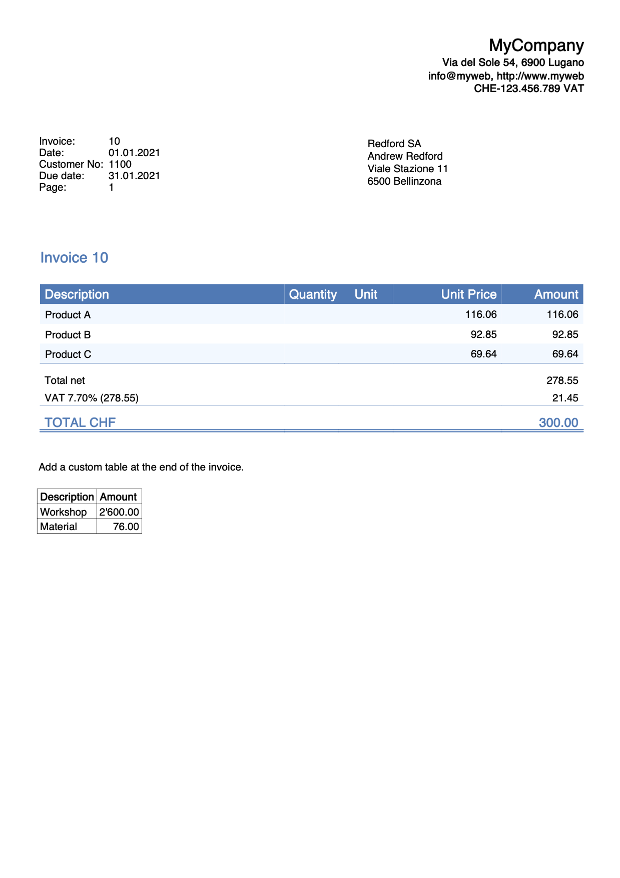 Customize invoice print with Javascript | Banana Accounting Software - Worksheets Library