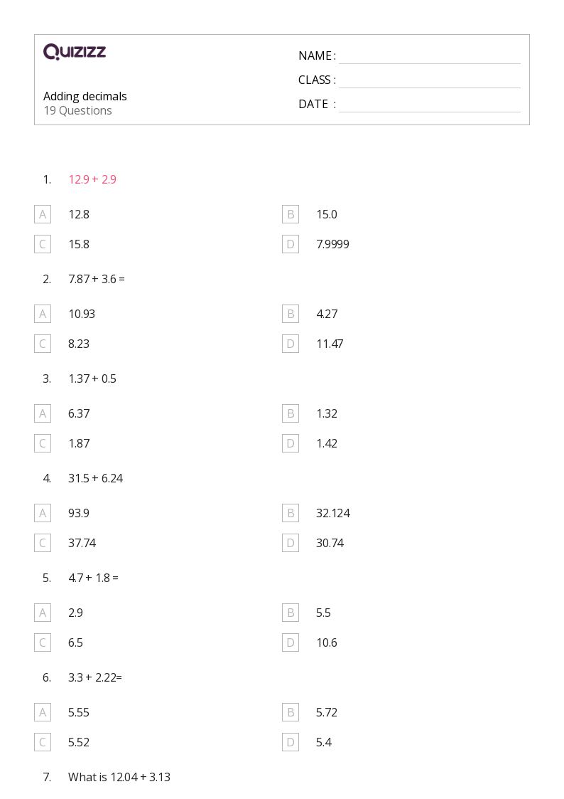 50 Adding Decimals Worksheets For 6th Year On Quizizz Free Worksheets Library