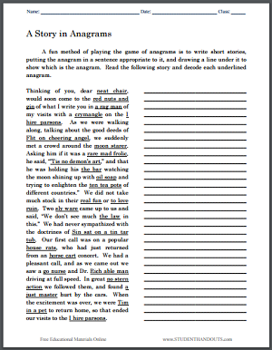 A Story in Anagrams Printable Puzzle Worksheet | Student Handouts ...