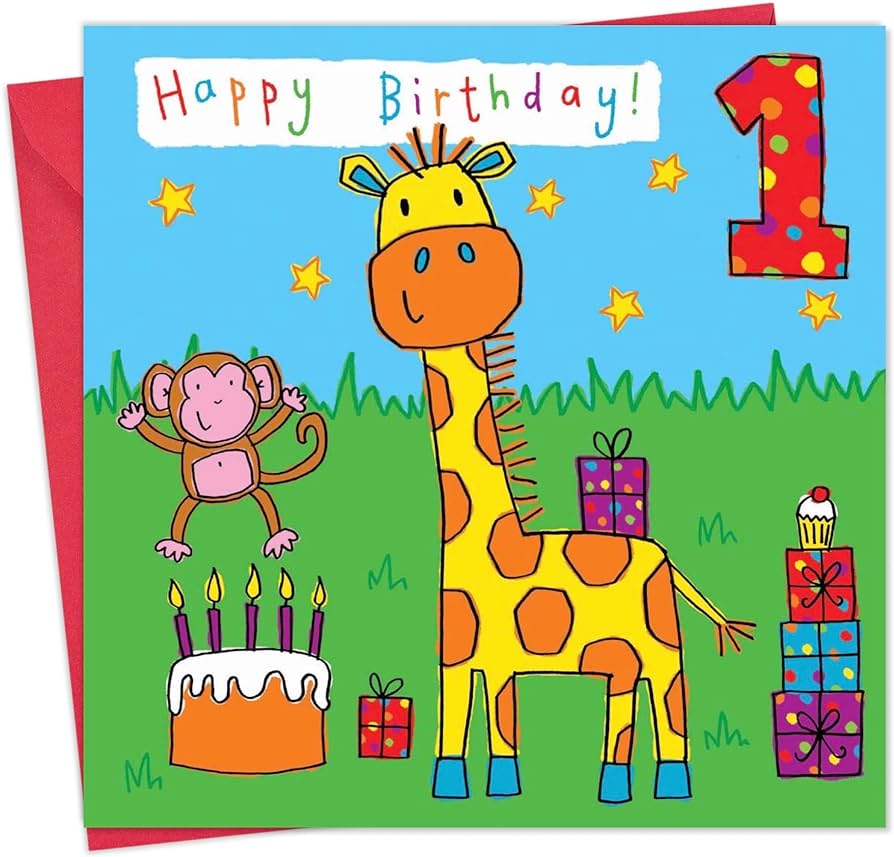 Twizler 1st Birthday Card For Child With Giraffe And Monkey One Year Twizler 1st Birthday Card For Child With Giraffe And Monkey One Year