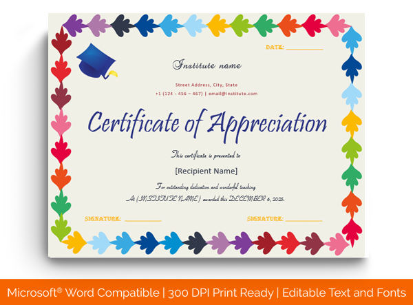 Certificate of Appreciation for Teachers (#1349, MULTI) – Doc Formats ...