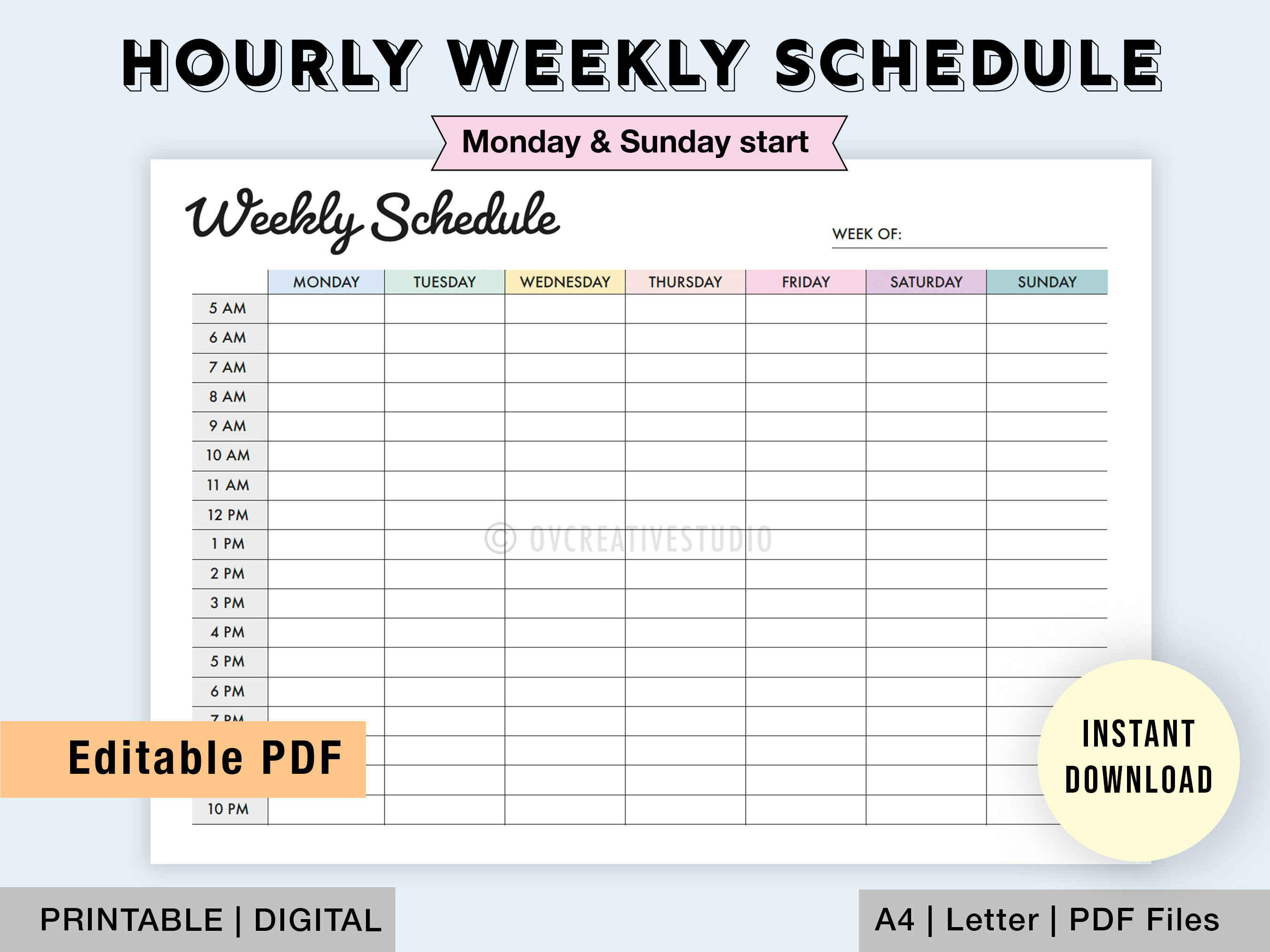 Editable Weekly Schedule Printable Weekly Planner Hourly Weekly ...