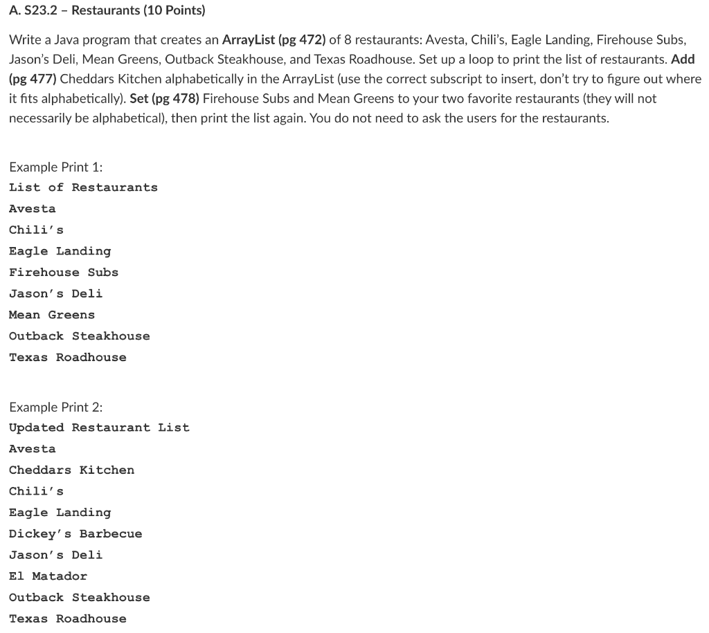 Solved A. S23.2 - Restaurants (10 Points) Write a Java | Chegg.com - Worksheets Library