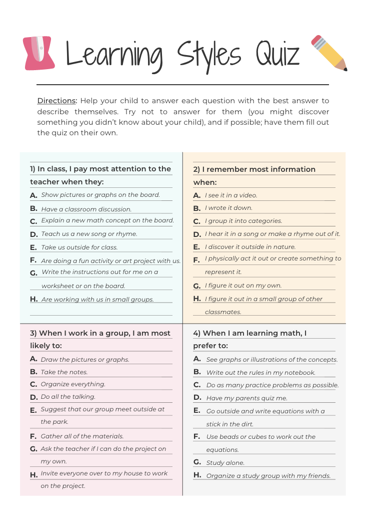 Free Printable Learning Styles Questionnaire Download Free Printable Free Printable Learning Styles Questionnaire Download Free Printable