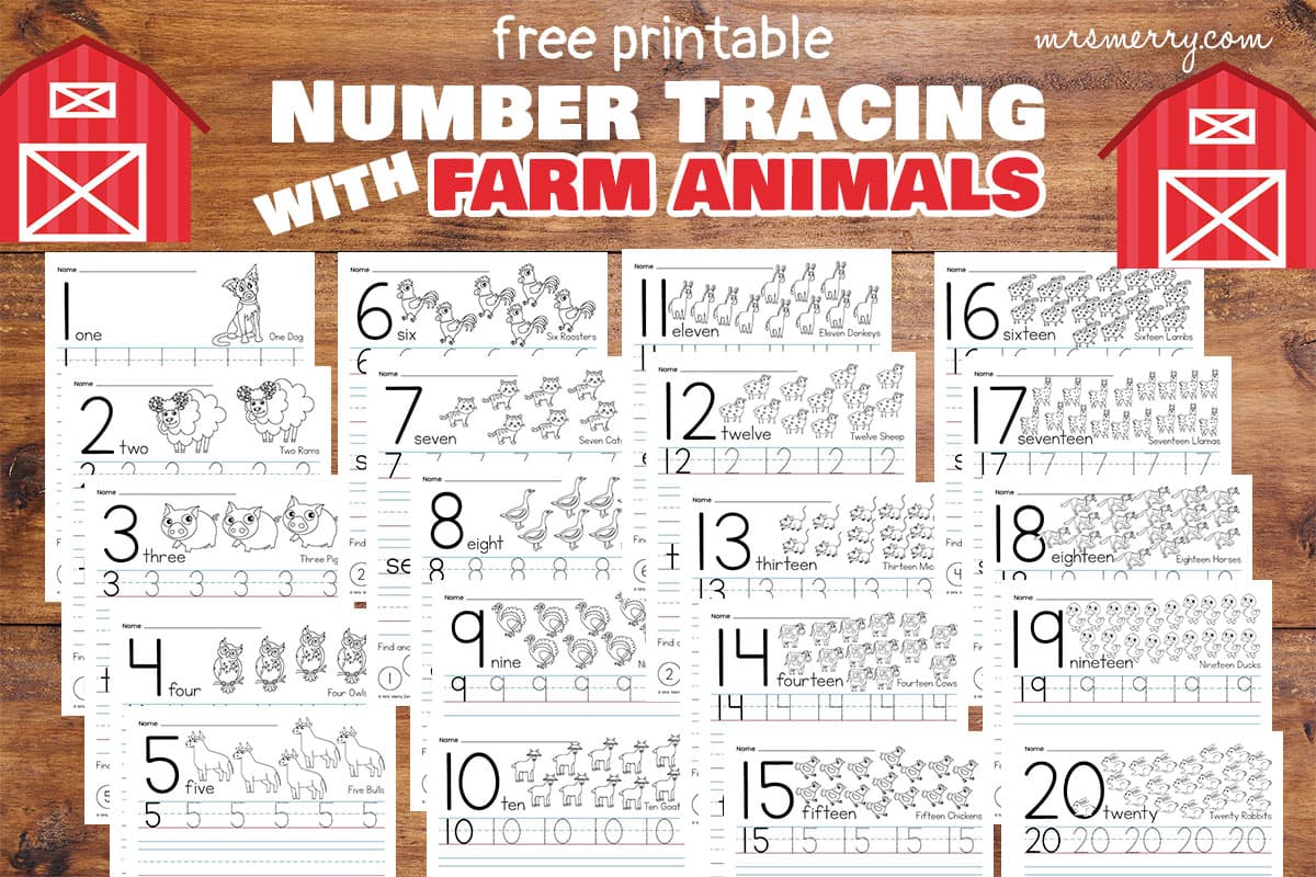 Free Tracing Numbers Worksheets 1-20 with Farm Animals | Mrs. Merry ...