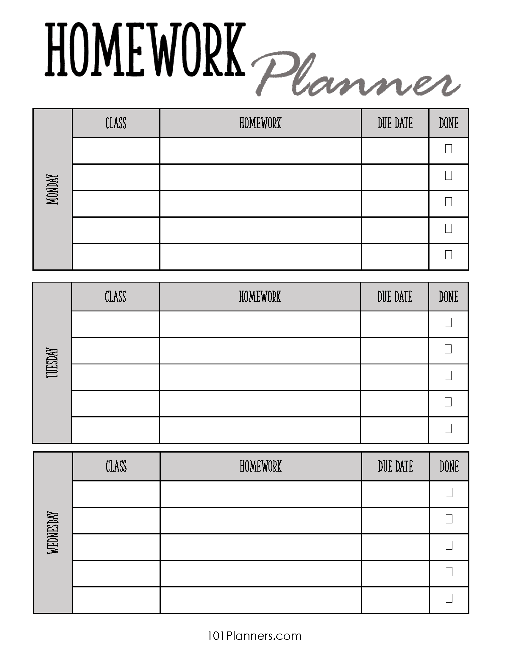 FREE Printable Homework Planner Template | PDF, Word, Excel or Jpg ...