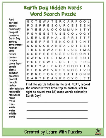 Earth Day Hidden Message Wordsearch Learn With Puzzles - Worksheets Library