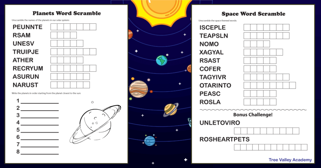 Space Themed and Planets Word Scramble Puzzles - Worksheets Library