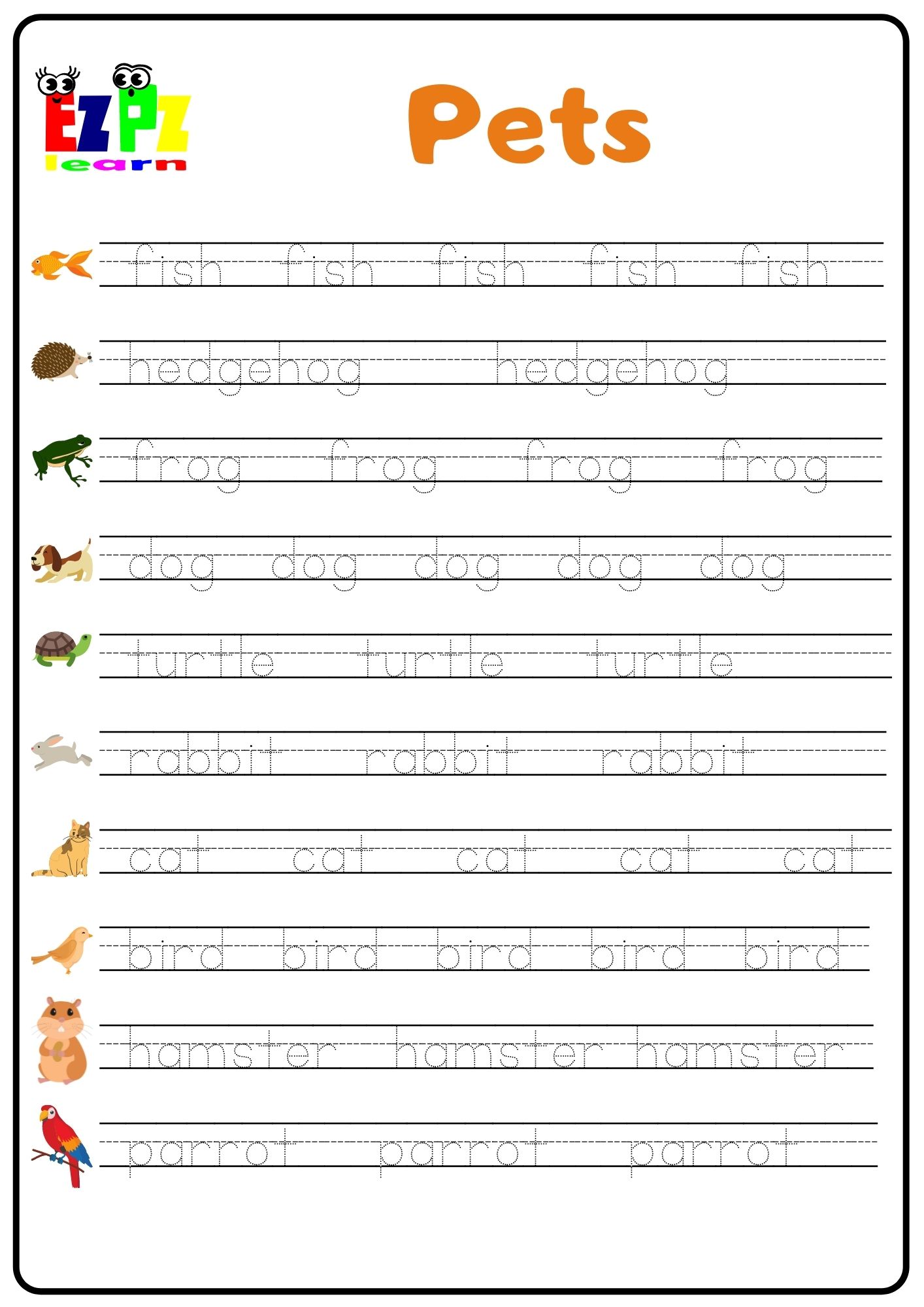 Pets Word Tracing Worksheet - Ezpzlearn.com - Worksheets Library
