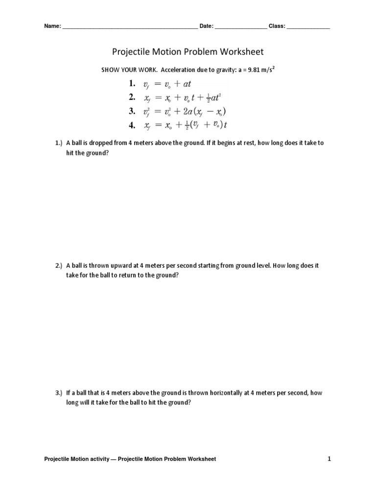 Projectile Motion Problem Worksheet Pdf Worksheets Library