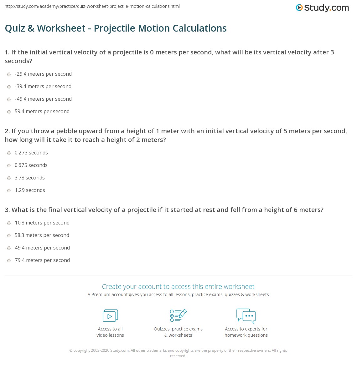 Quiz & Worksheet - Projectile Motion Calculations | Study.com - Worksheets Library