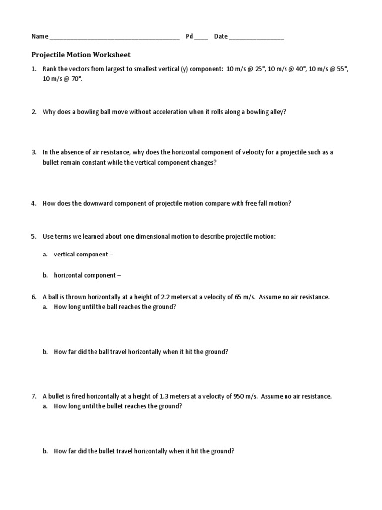 Projectile Motion Worksheet Pdf Projectiles Force Worksheets Library
