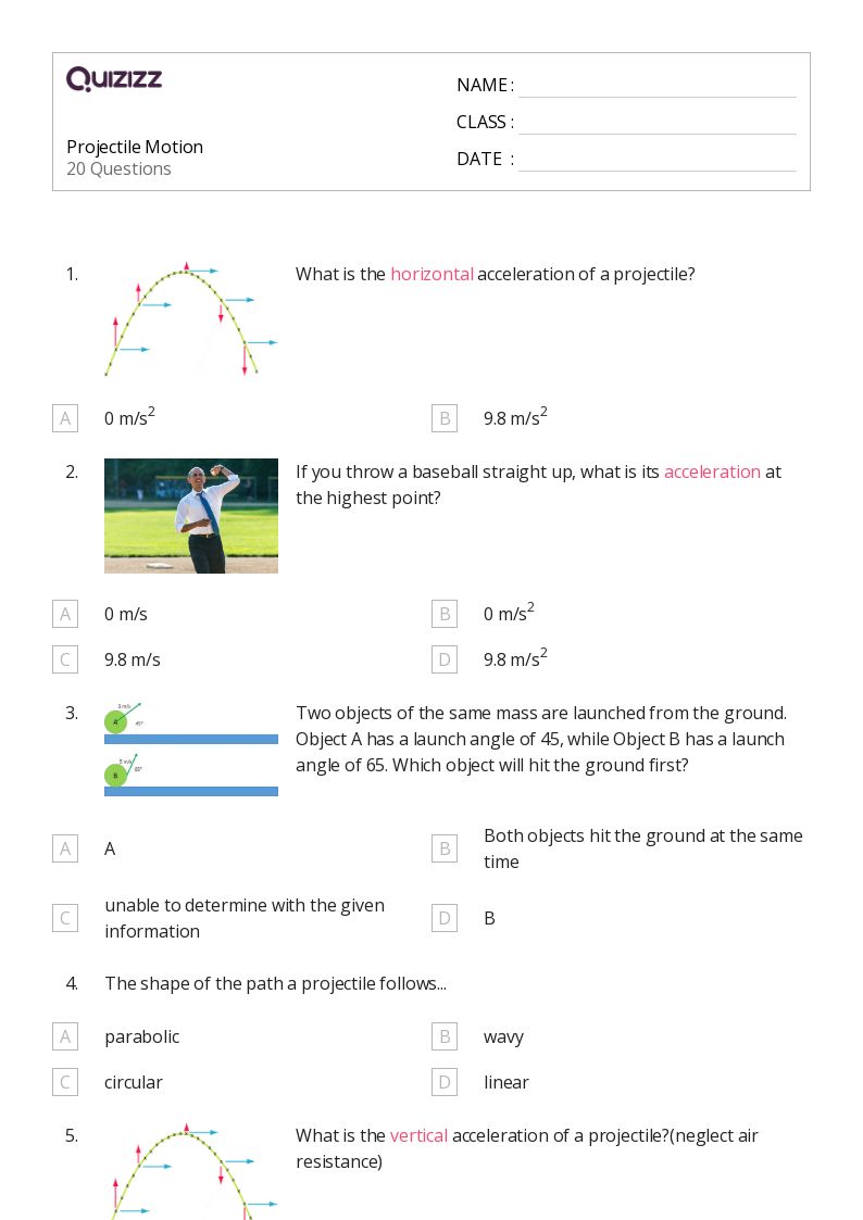 50 Projectile Motion Worksheets On Quizizz Free And Printable