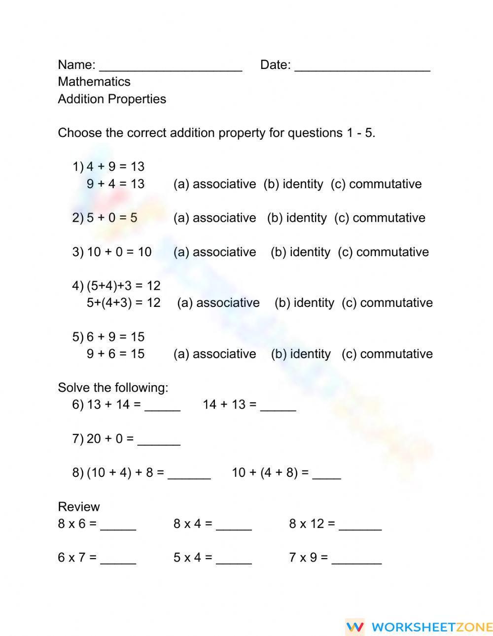 Addition Worksheets Associative Commutative Properties Worksheets Addition Worksheets Associative Commutative Properties Worksheets