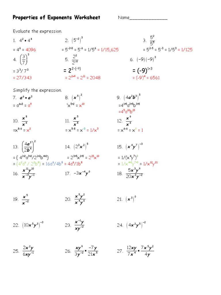 Worksheet: Algebra Exponent Rules and Properties Sheet | Algebra ...