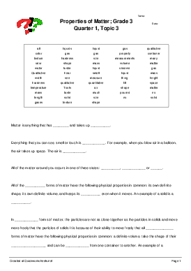 Properties of Matter; Grade 3 Quarter 1, Topic 3 - Cloze Test ...