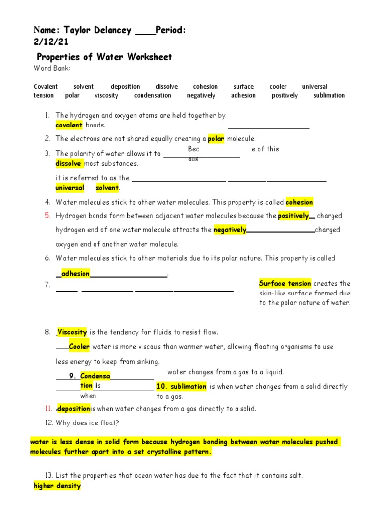 Properties Of Water Worksheet KEY Download Free PDF Properties Properties Of Water Worksheet KEY Download Free PDF Properties
