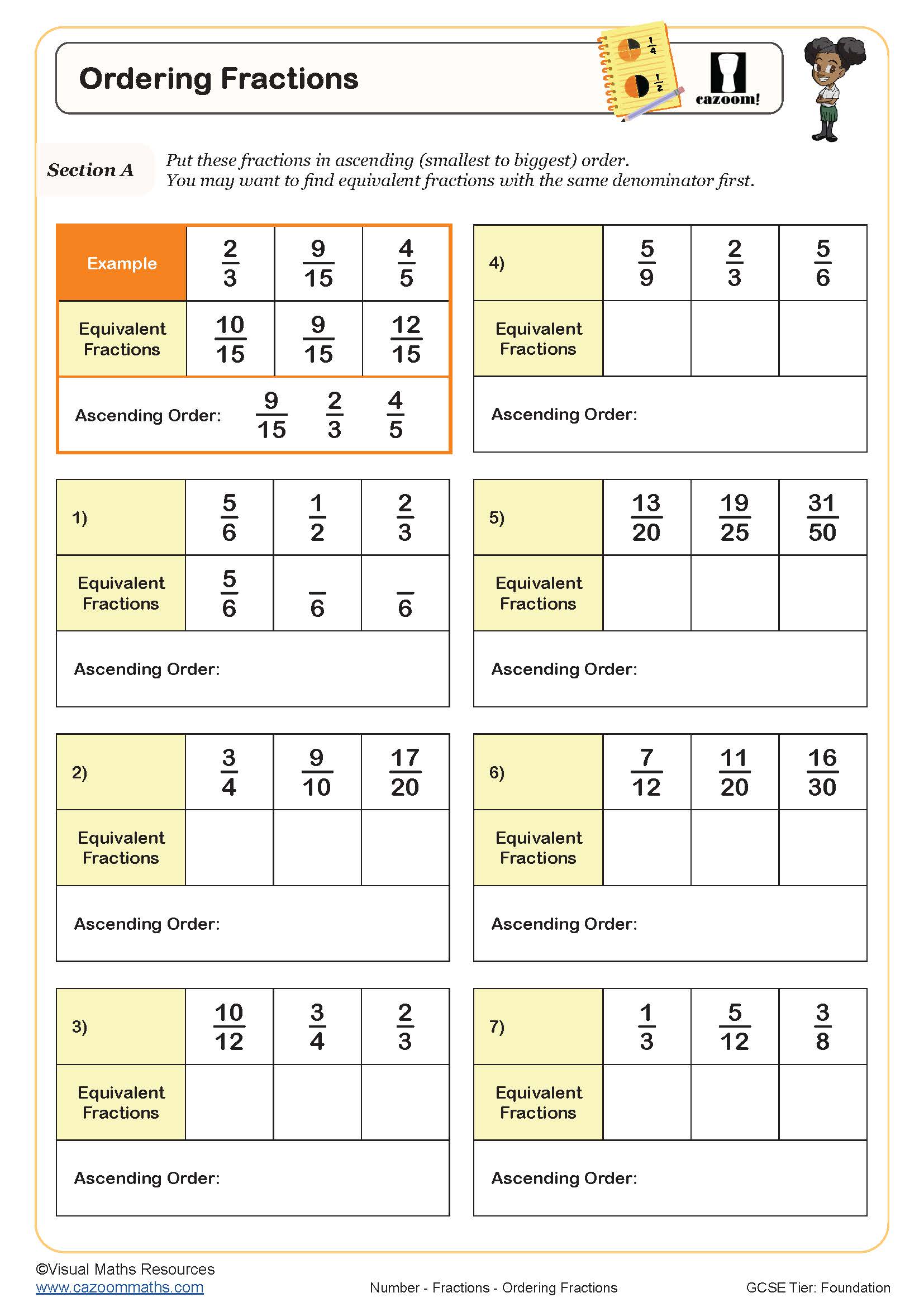 Year 6 Order Fractions Worksheet Worksheet KS2 Maths Worksheets Library