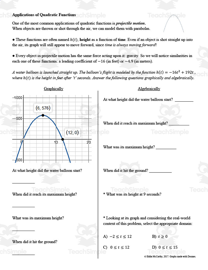 Applications Of Quadratic Functions Guided Notes Homework