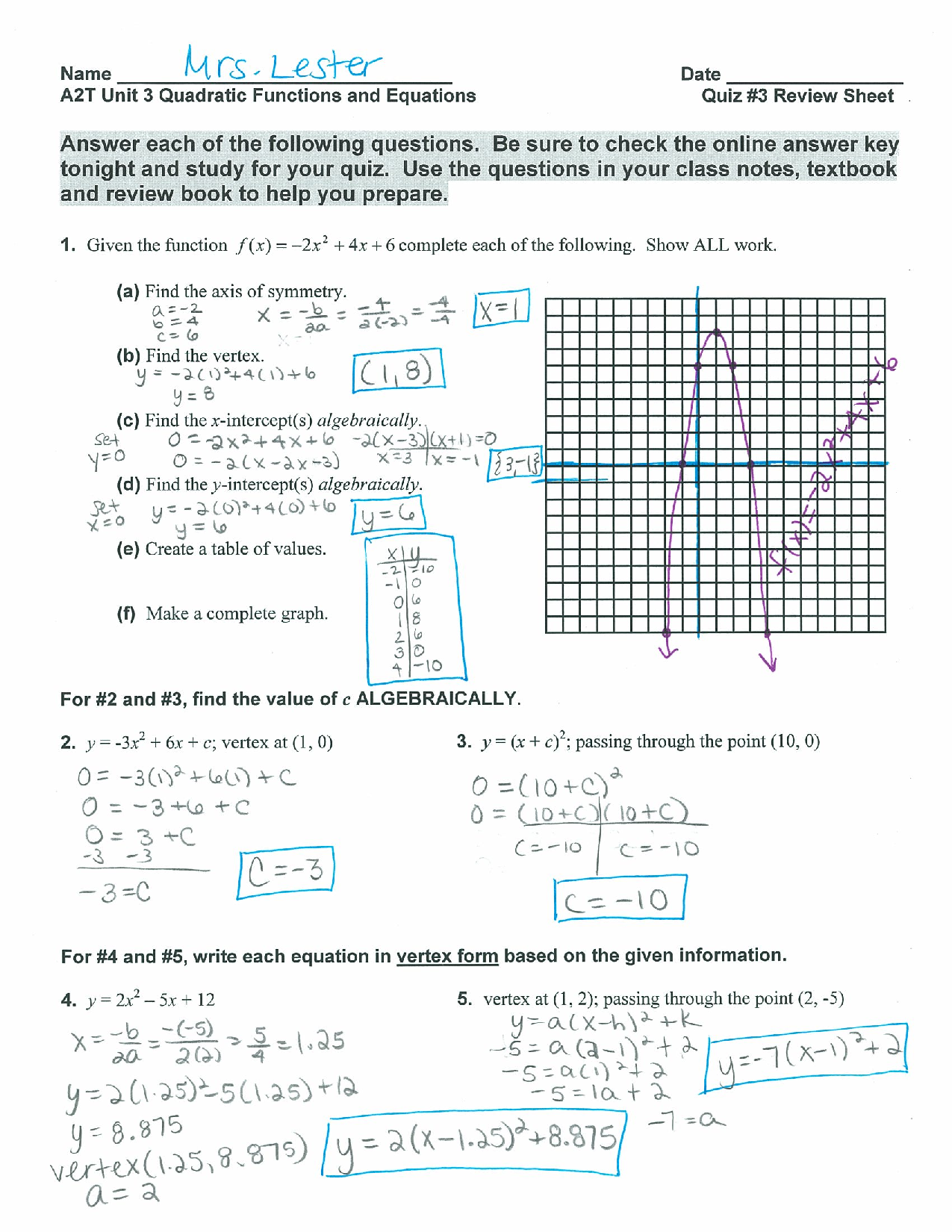 SOLUTION: Unit 3 Quadratic Functions and Equations Worksheet ... - Worksheets Library